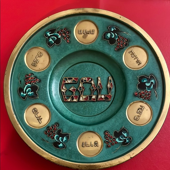 Accents | Vintage Metal Brass Tray Jewish Hebrew Passover Tray Enamel ...